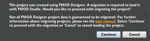 FMOD Designer project migration dialog