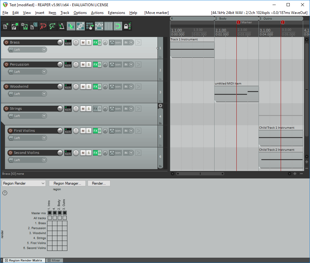 Example of Reaper Project Master Mix Only Rendering