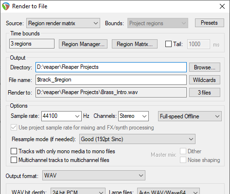 Render to File dialog in Reaper