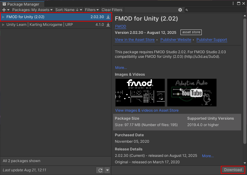 Selecting the FMOD for Unity asset